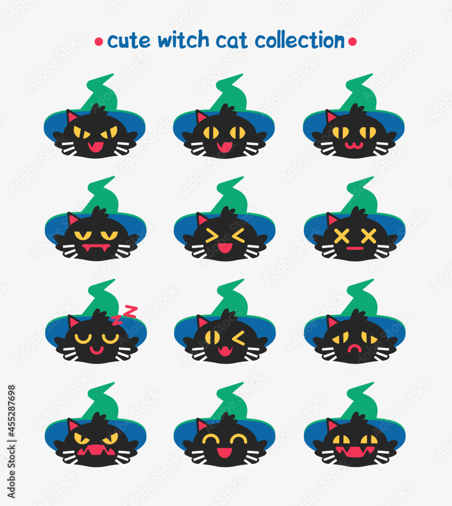 Collection of cute witch cat faces. Hand drawn Halloween cute and ...