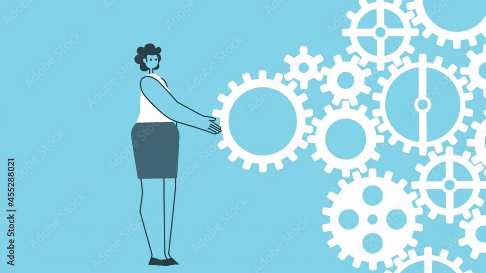 Cartoon Woman Turns Gear Mechanism. Flat Design 2d Character Isolated ...