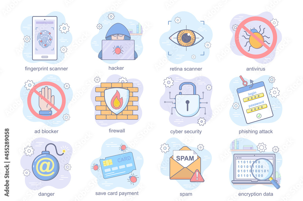 Cyber security concept flat icons set. Bundle of fingerprint or retina ...