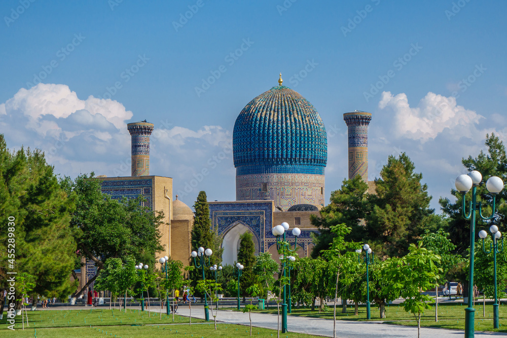 View of the Gur Emir mausoleum from the side of the park. It seems that ...