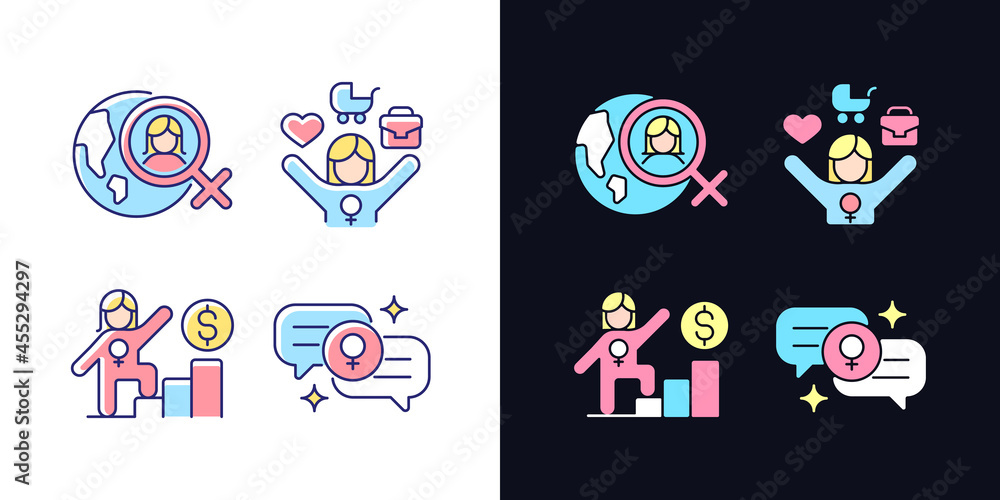 Mainstream feminism light and dark theme RGB color icons set. Women ...