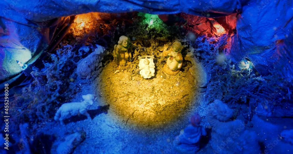 Christmas Nativity Scene with hand-coloured figures, close up of the ...