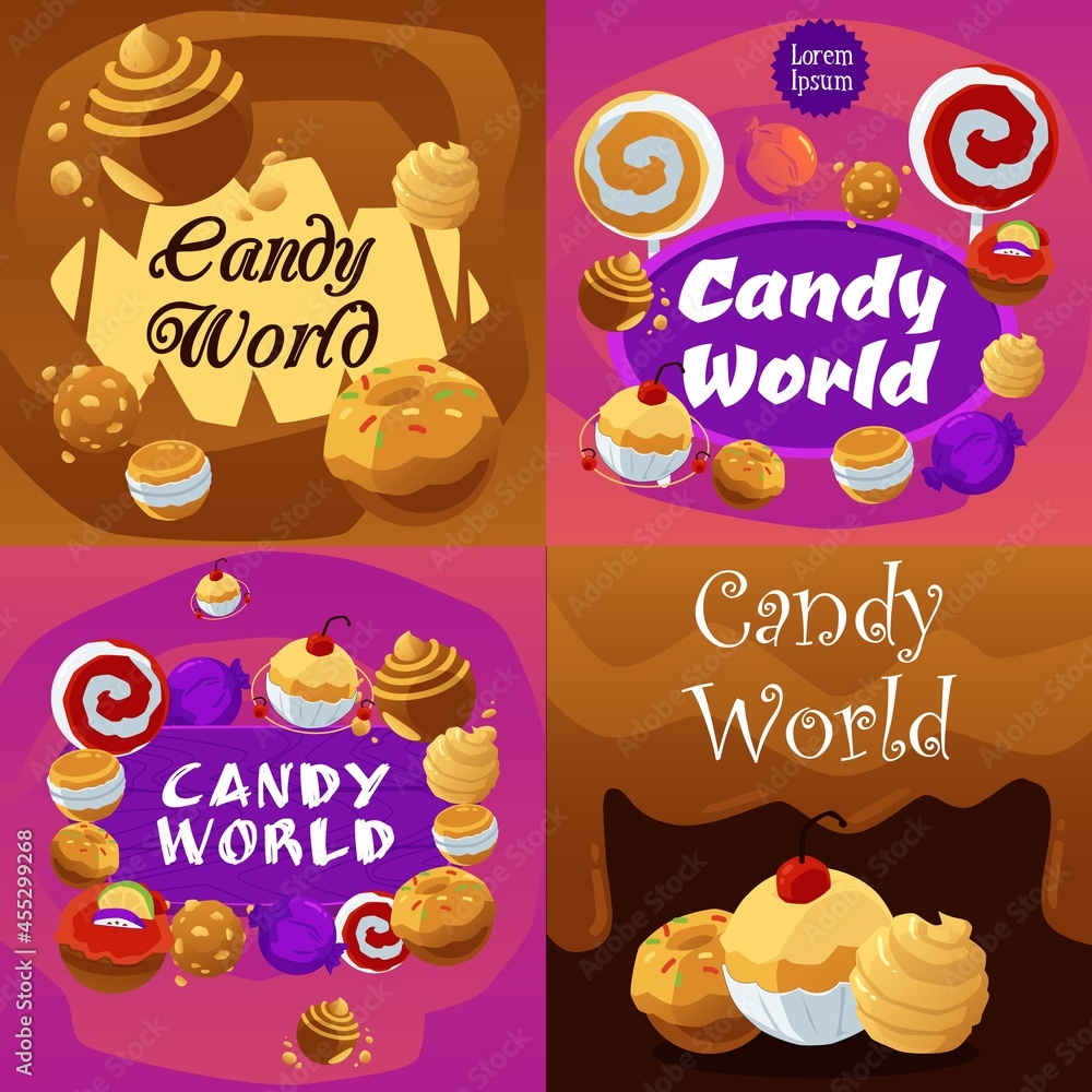 Set of beautiful vector cartoon design posters for advertise of sweet ...