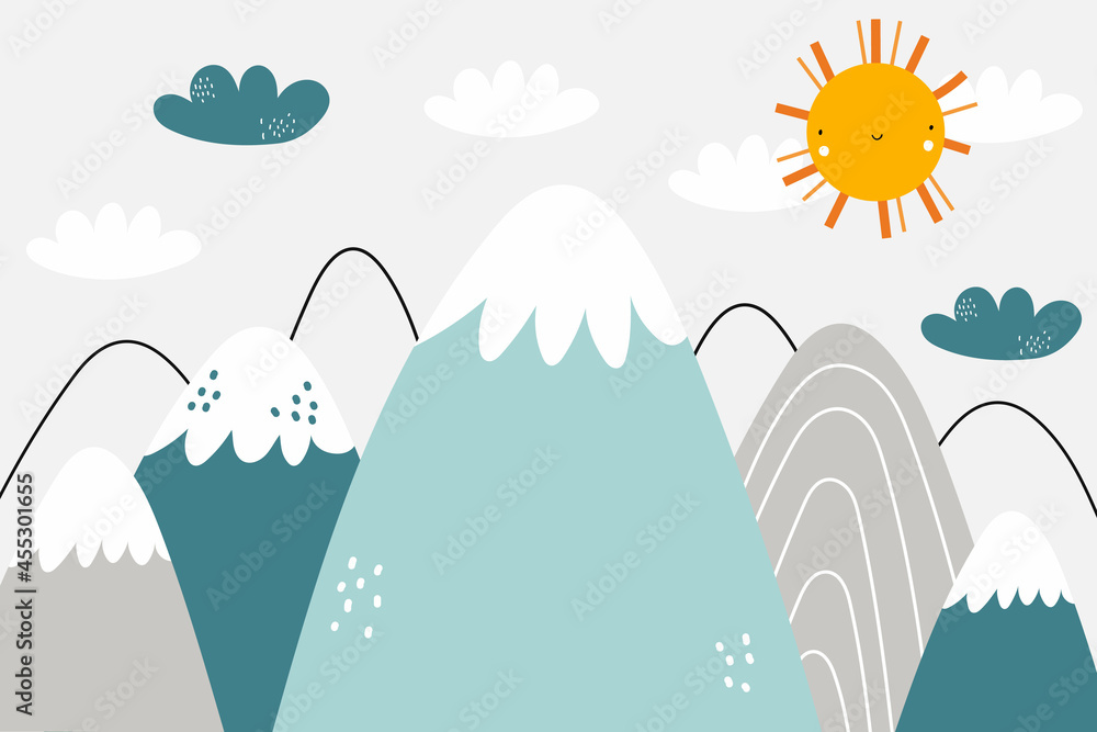 Vector children hand drawn color mountain illustration in scandinavian ...