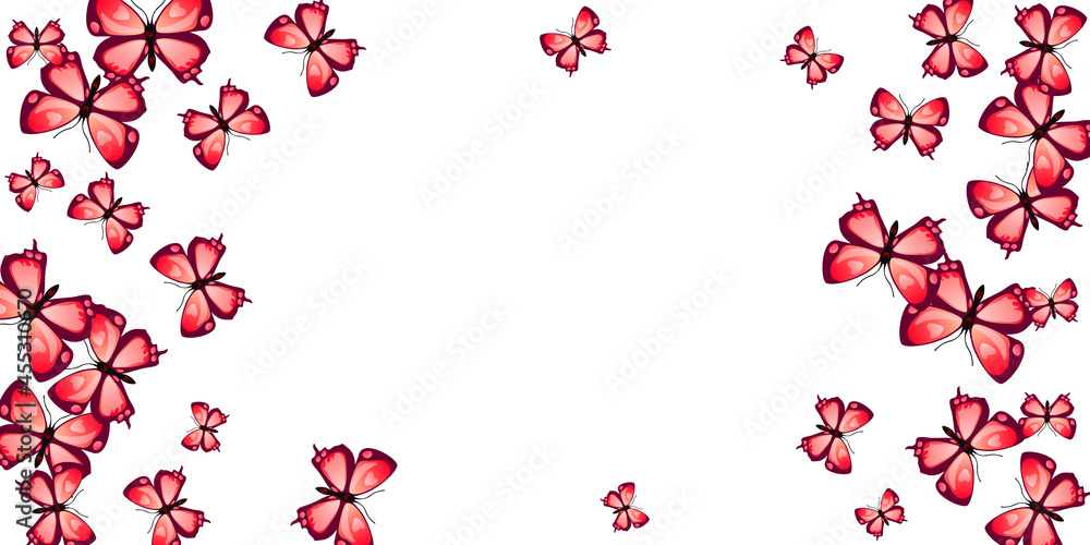 Magic red butterflies cartoon vector background. Spring beautiful moths ...