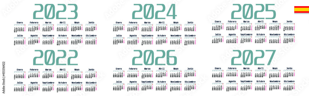 Spanish calendar 2022, 2023, 2024, 2025, 2026, 2027 on white background ...