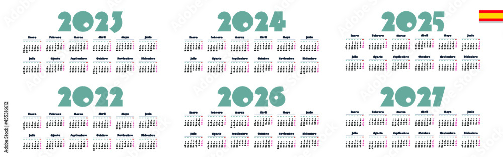 Spanish calendar 2022, 2023, 2024, 2025, 2026, 2027 on white background ...