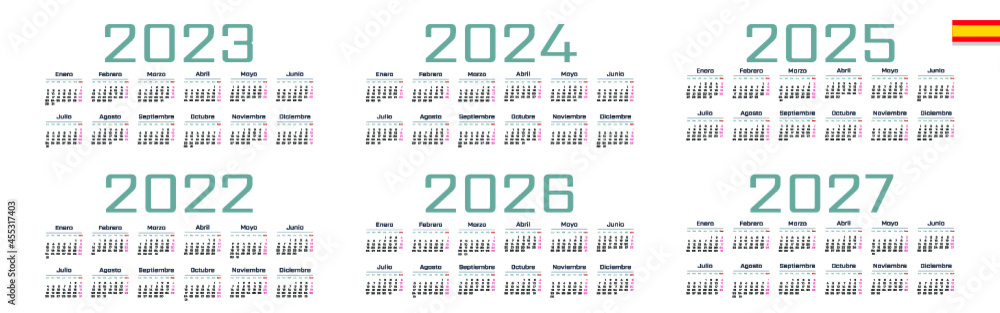 Spanish calendar 2022, 2023, 2024, 2025, 2026, 2027 on white background ...