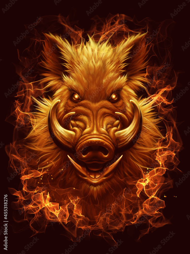 Burning razorback head on the dark background. Digital painting. Stock ...