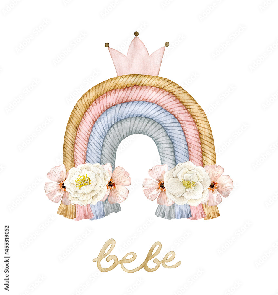 Watercolor illustration card with flowers, rainbow, crown and lettering ...