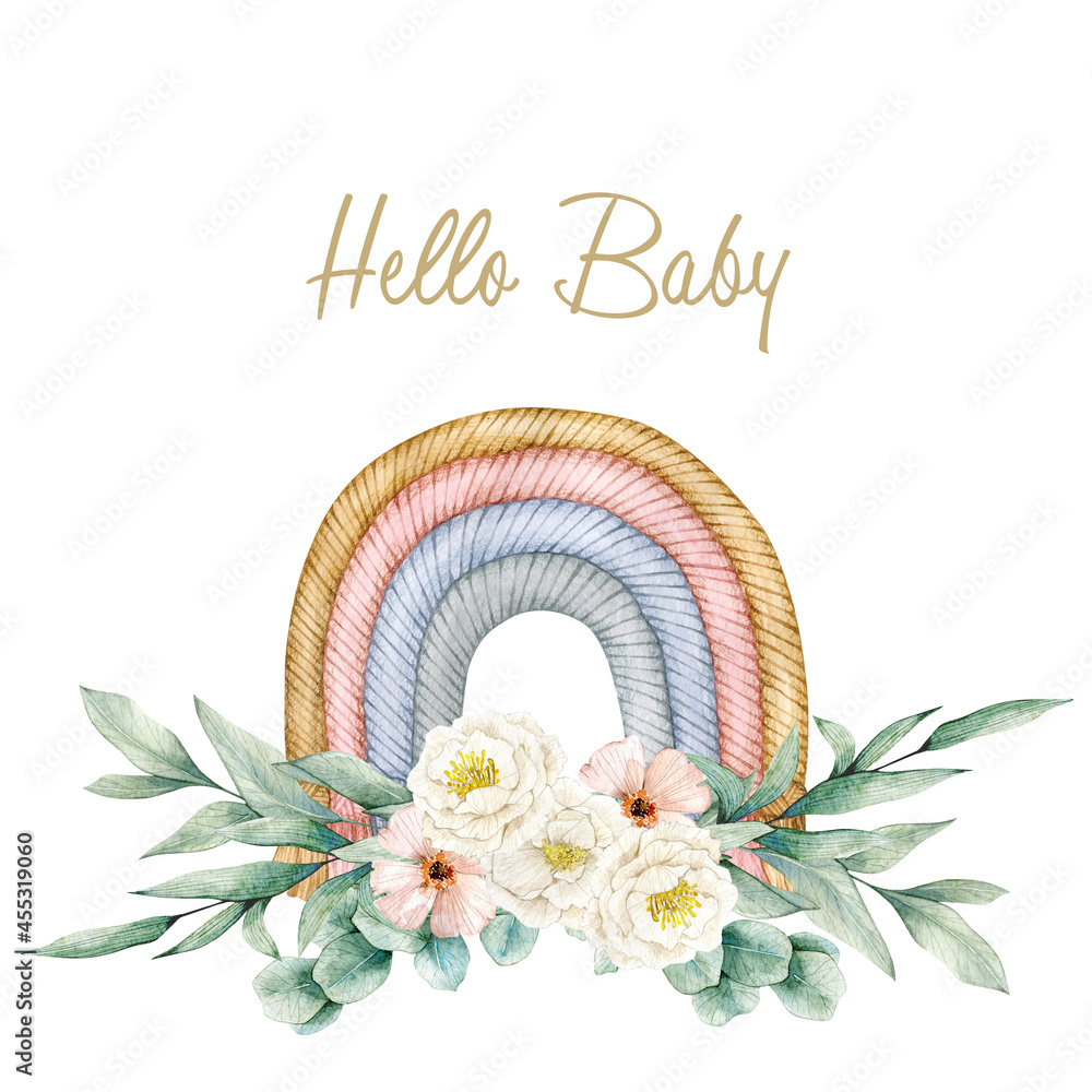 Watercolor illustration card hello baby with floral composition and ...