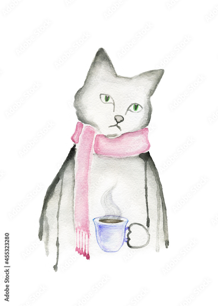 Sad cat holding a hot tea cup image. Watercolor draw. Cute kitty cold ...