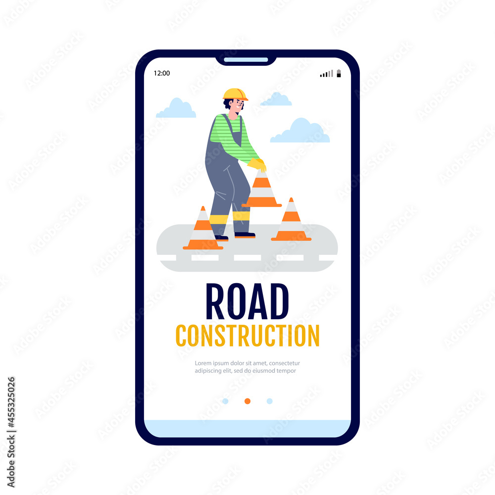 Onboarding with illustration of worker installing safety cones warning ...