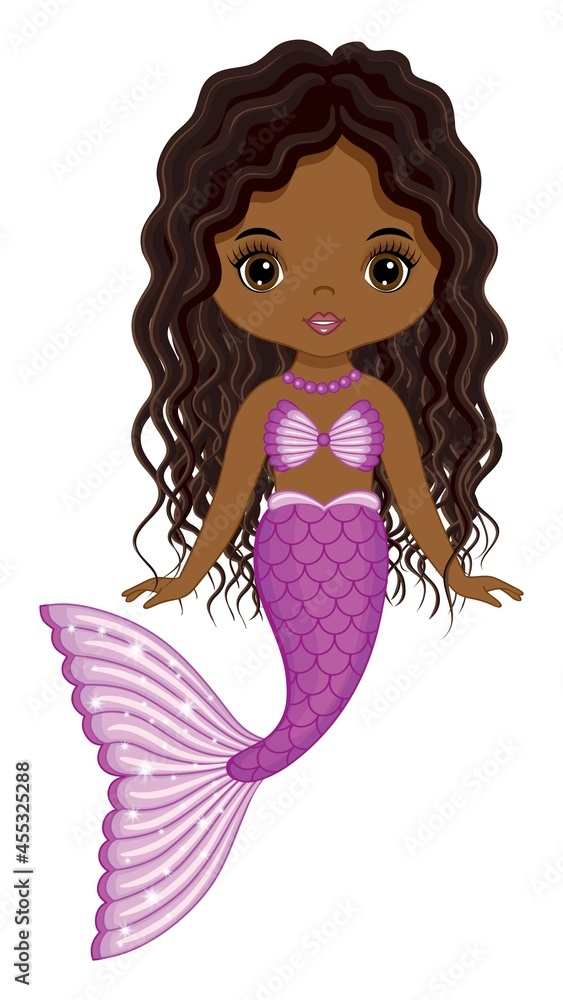 Beautiful African American Mermaid with Purple Fishtail and Long Curly ...