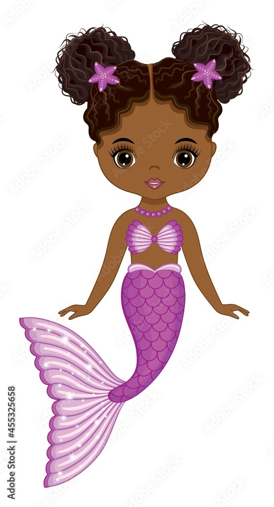 Beautiful African American Mermaid with Purple Fishtail and Buns ...