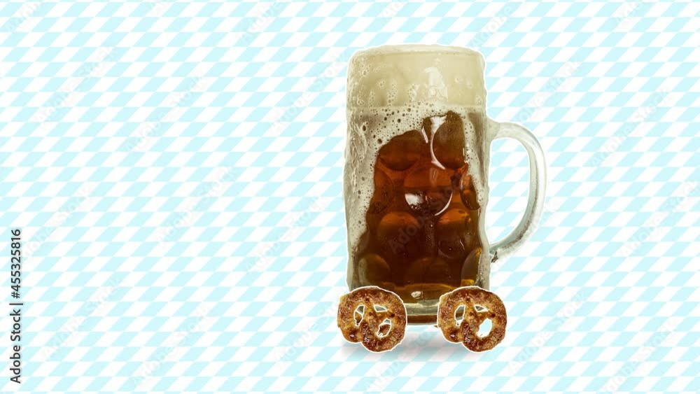 Stop motion design or art animation. Big beer mug with foam rolling ...