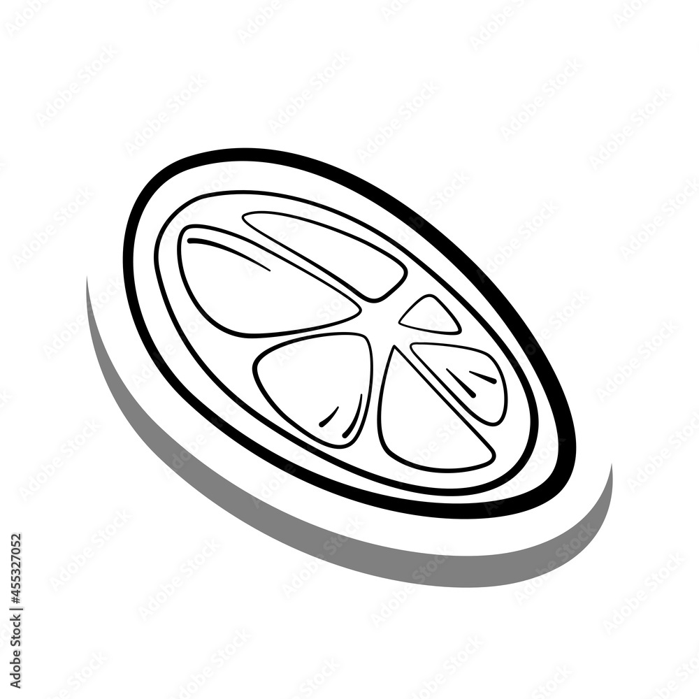 Orange slice line, Doodle on white silhouette and gray shadow. Hand ...