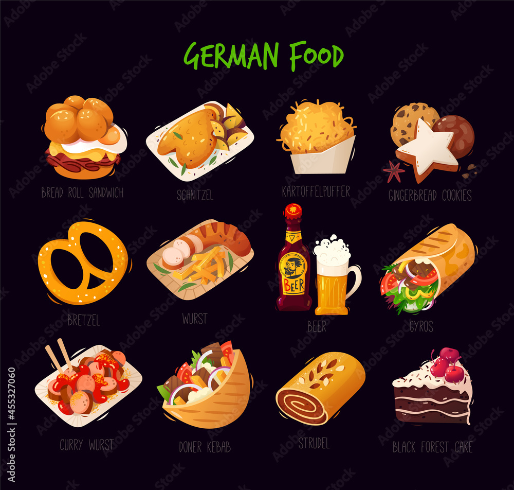 Variety of famous german foods snacks and dishes. Set of isolated ...