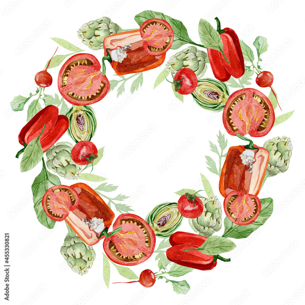 Watercolor vegetables wreath border radish, pepper, tomato, cabbage ...