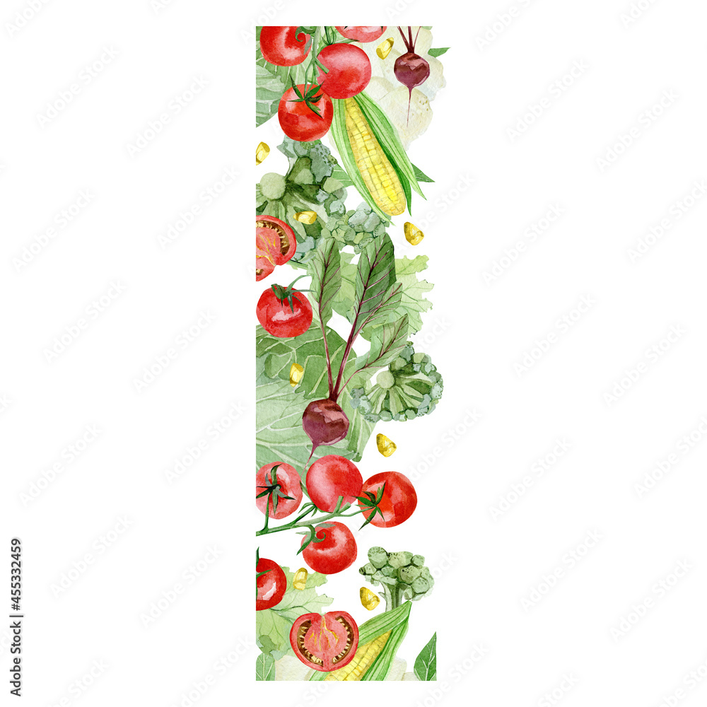 Watercolor vegetables border with corn, tomatoes, radishes, cabbage ...
