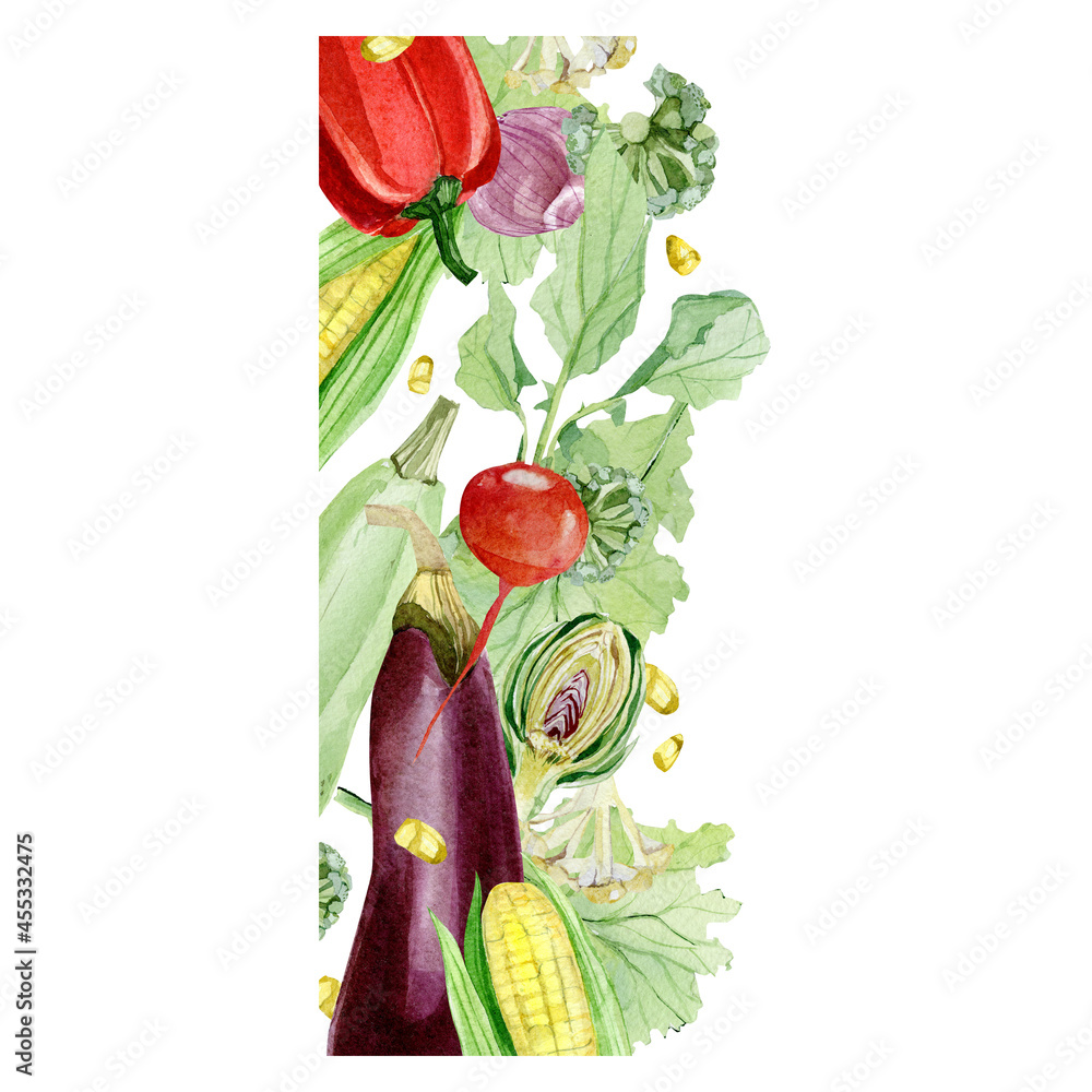 Watercolor vegetables border with eggplant, pepper, onion, corn ...