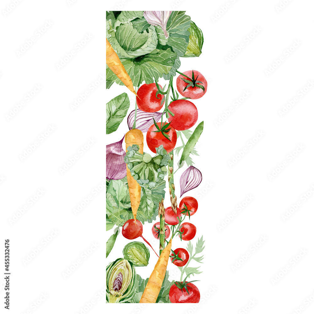 Watercolor vegetables border with tomato, cabbage, onion, carrot ...