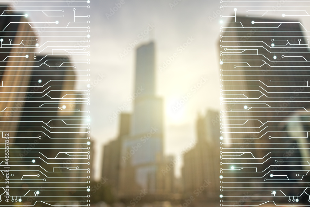 Abstract virtual microscheme illustration on office buildings ...