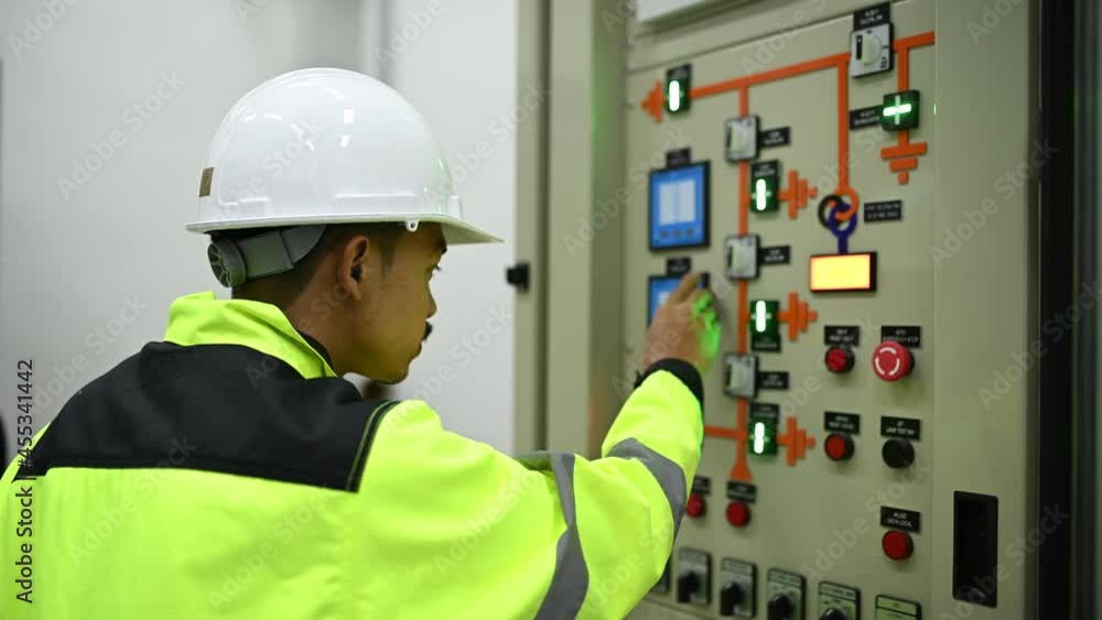 Electrical engineer man checking voltage at the Power Distribution ...