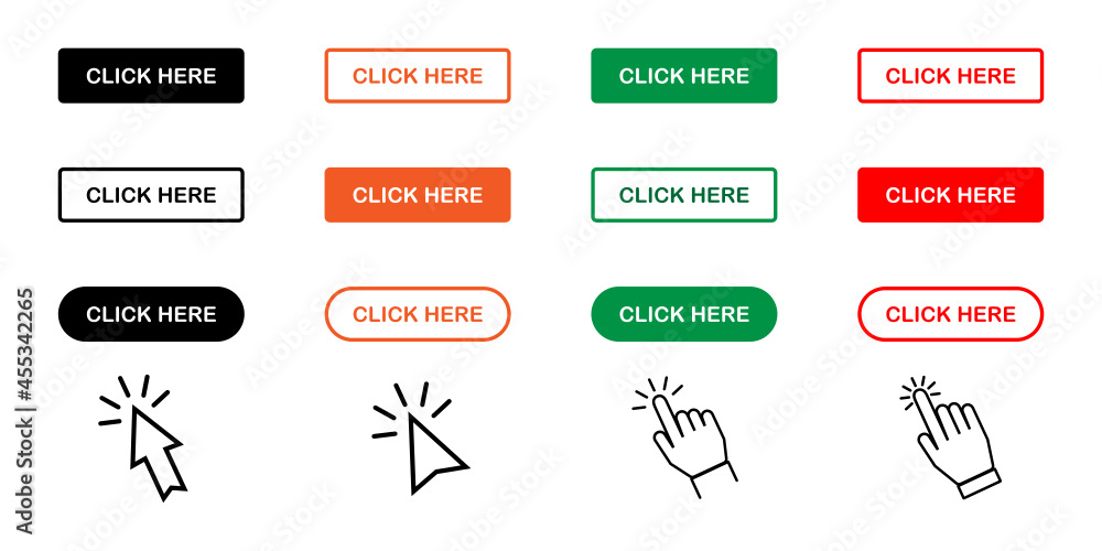 Click here buttons. Set of icons and buttons for the web. Hand click ... Click here buttons. Set of icons and buttons for the web. Hand click ...