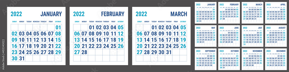 Calendar 2022 year. English template. Vector square grid. Office ...