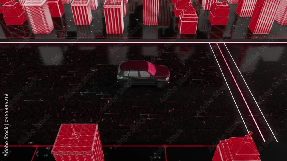 3D model of driving car in futuristic city. Motion. Animated layout of ...