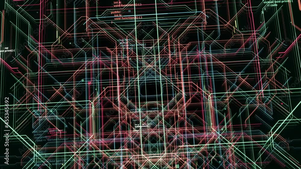 Computer electronic circuit with codes. Motion. Colored lines move ...