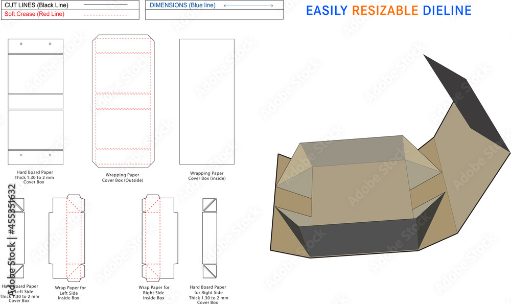 Collapsible or foldable rigid box dieline and 3D box editable easily ...
