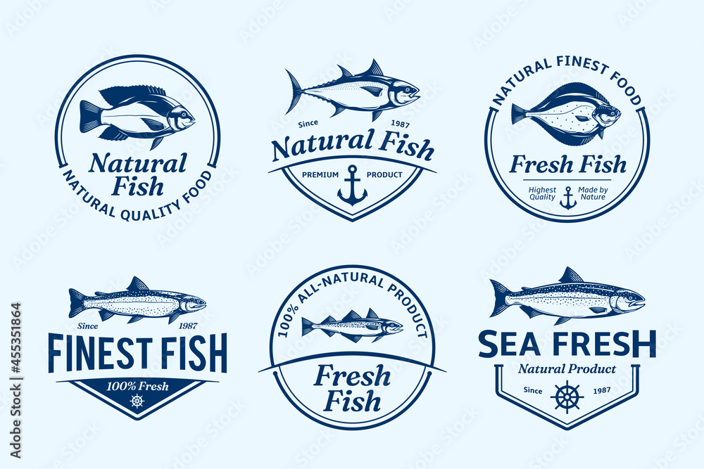 Vector fish label templates, badges and fish illustrations Stock Vector ...