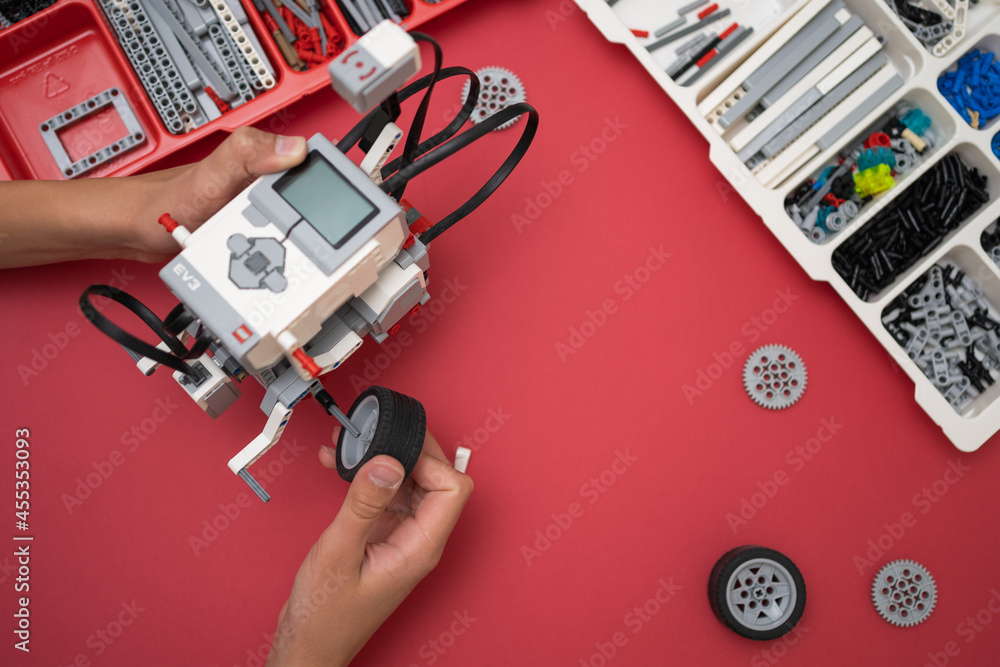 Minsk, Belarus. August, 2021. Robotic car. Robot Lego Mindstorms EV3 ...