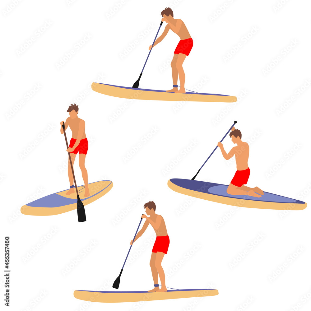 Set man with SUP-BOARD stand-up padding. Paddle board beach man stand ...