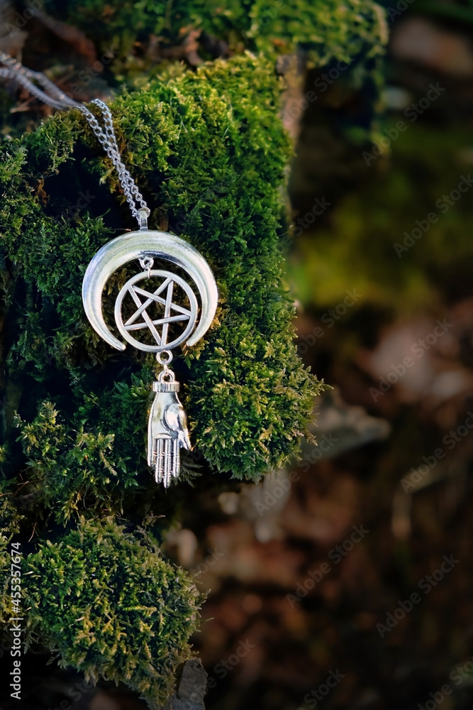 witch amulet with pentagram on moss tree, natural forest background ...