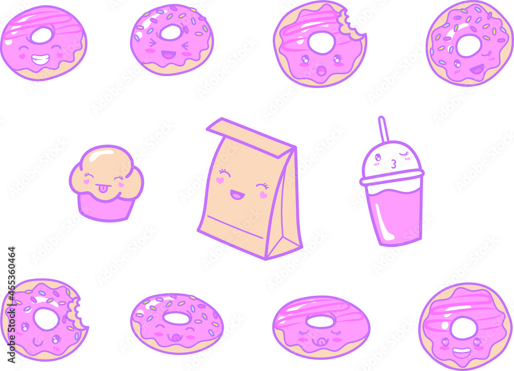 Cute donuts with kawaii faces. Doughnut, muffin and coffee latte ...
