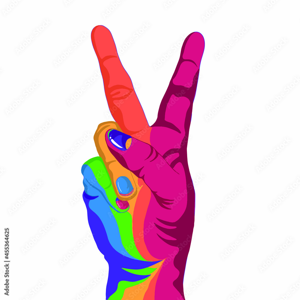 Lgbtq Rainbow Colored Victory Hand Raised Up Vector Illustration