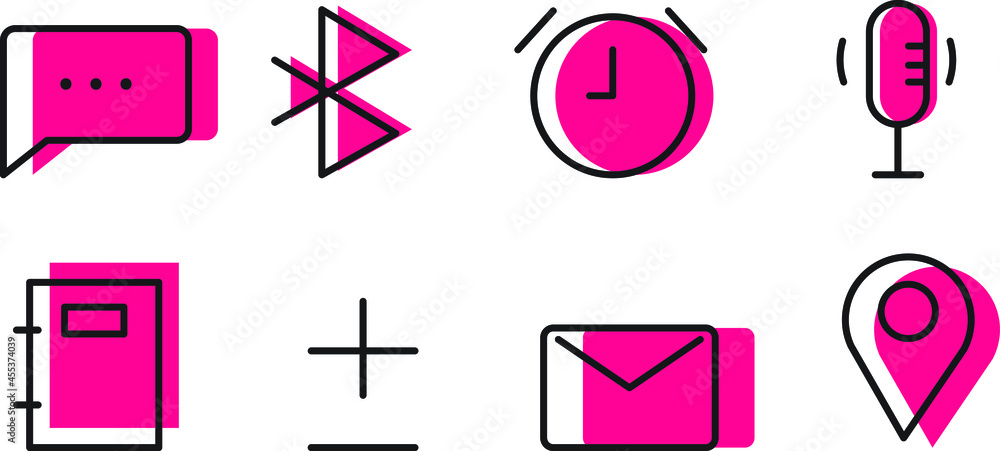 set of pink and purple buttons located locations SMS clock Stock Vector ...