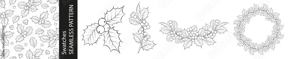 Set of different branches of mistletoe flowers, seamless pattern and ...