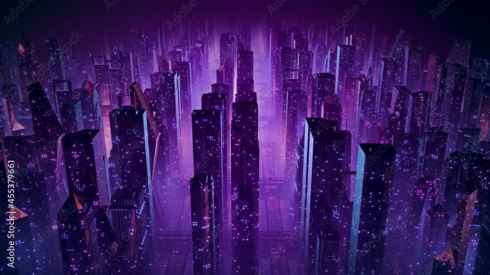 Futuristic night city flythrough seamless loop. 80s retrowave 3D ...