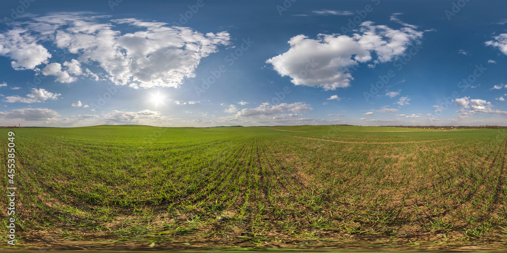 360 seamless hdri panorama view among green fields with white clouds in ...