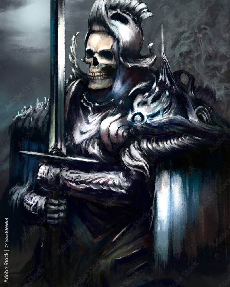 A creepy skeleton knight, dressed in shining heavy armor, he prepares ...