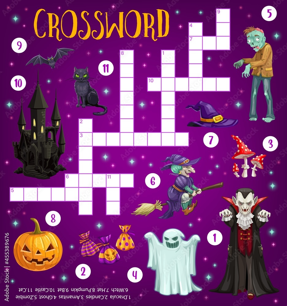 Halloween crossword grid puzzle game with cartoon witch, pumpkin ...