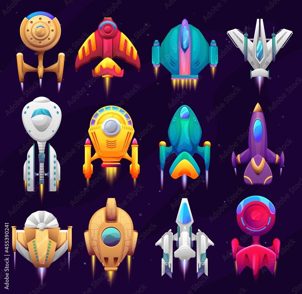Cartoon galaxy space starships, game asset. Vector spacecraft rockets ...