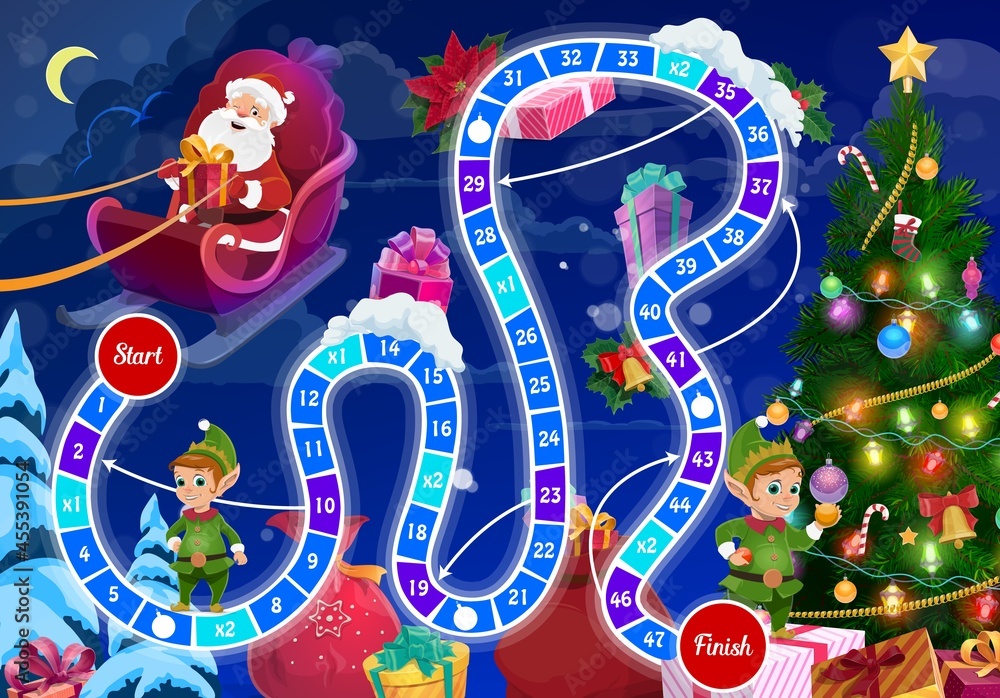 Children Christmas board game with Santa and elfs. Kids playing ...