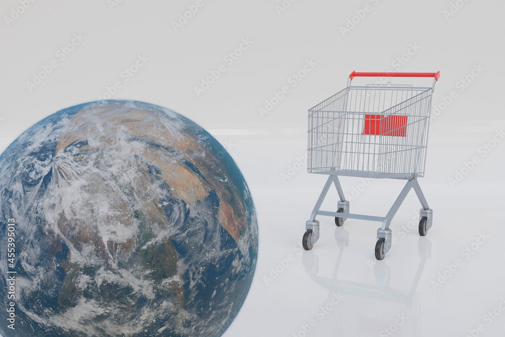 Shopping cart with a earth planet isolated in white background. 3d ...