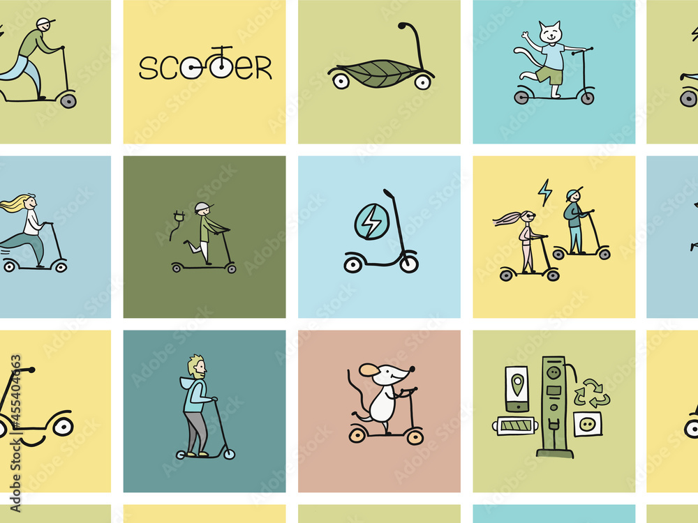 Scooter Theme Background. Ecological Green transport concept. Seamless ...