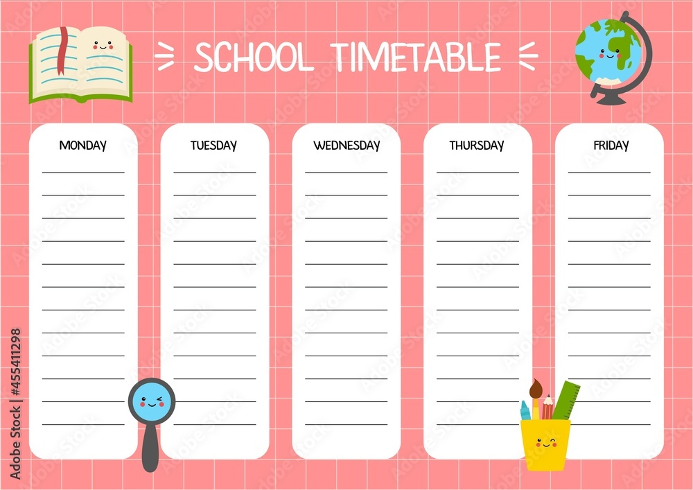 Cartoon timetable template for kids with cute school supplies. Stock ...